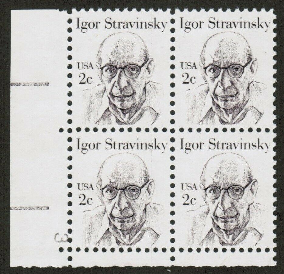 1982 Igor Stravinsky Plate Block of 4 2c Postage Stamps - MNH, OG - Sc ...